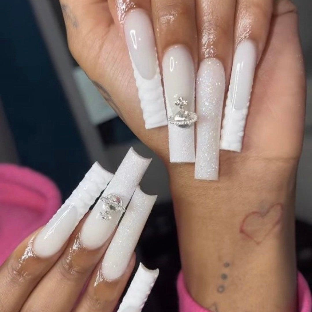 Space Planet Baddie Milky White & French Tip Acrylic Press On Nails Ka ...