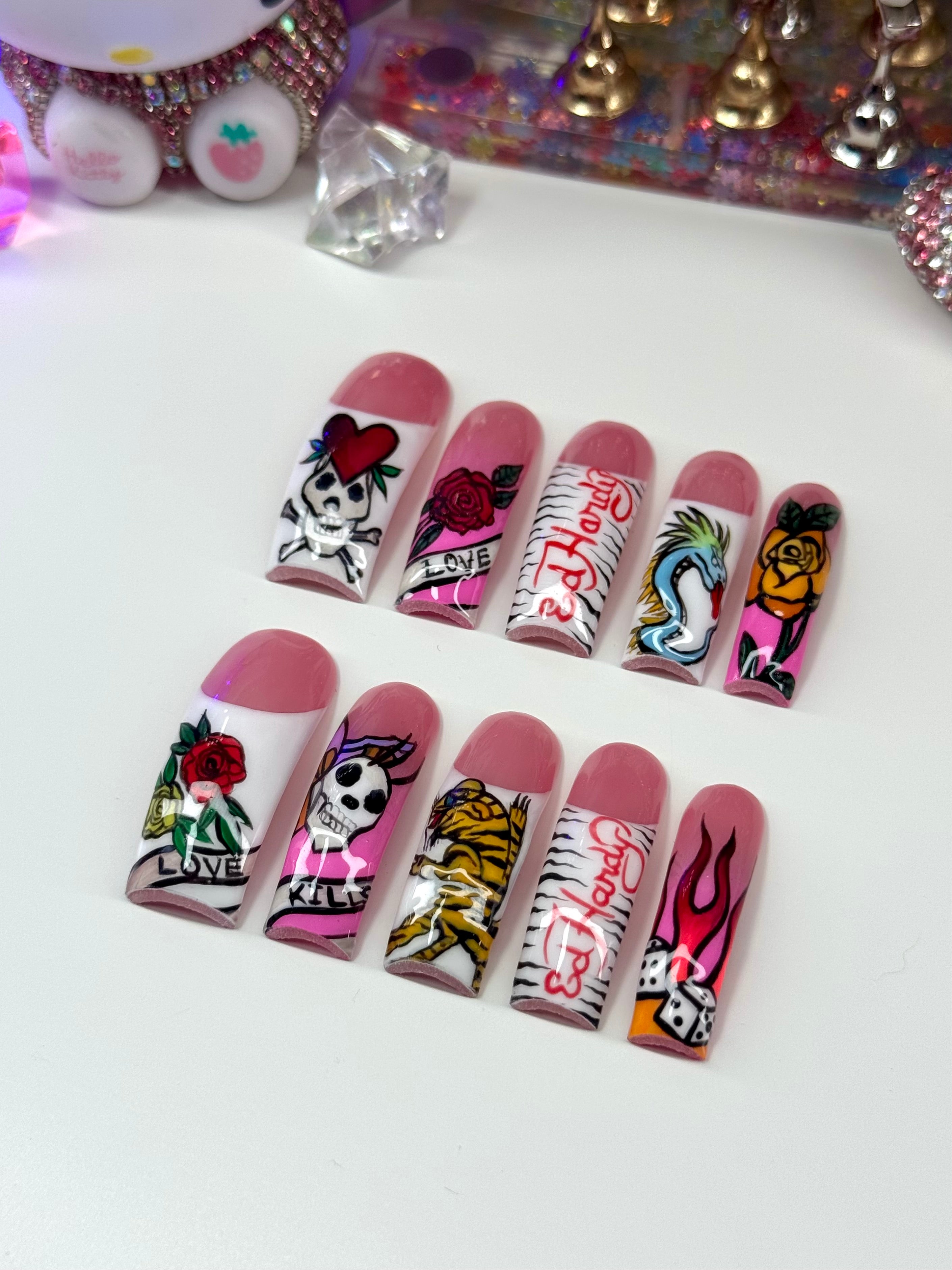 Ed Hardy Inspired French Tips Acrylic Press On Nails – Kat’s Luxury Nails