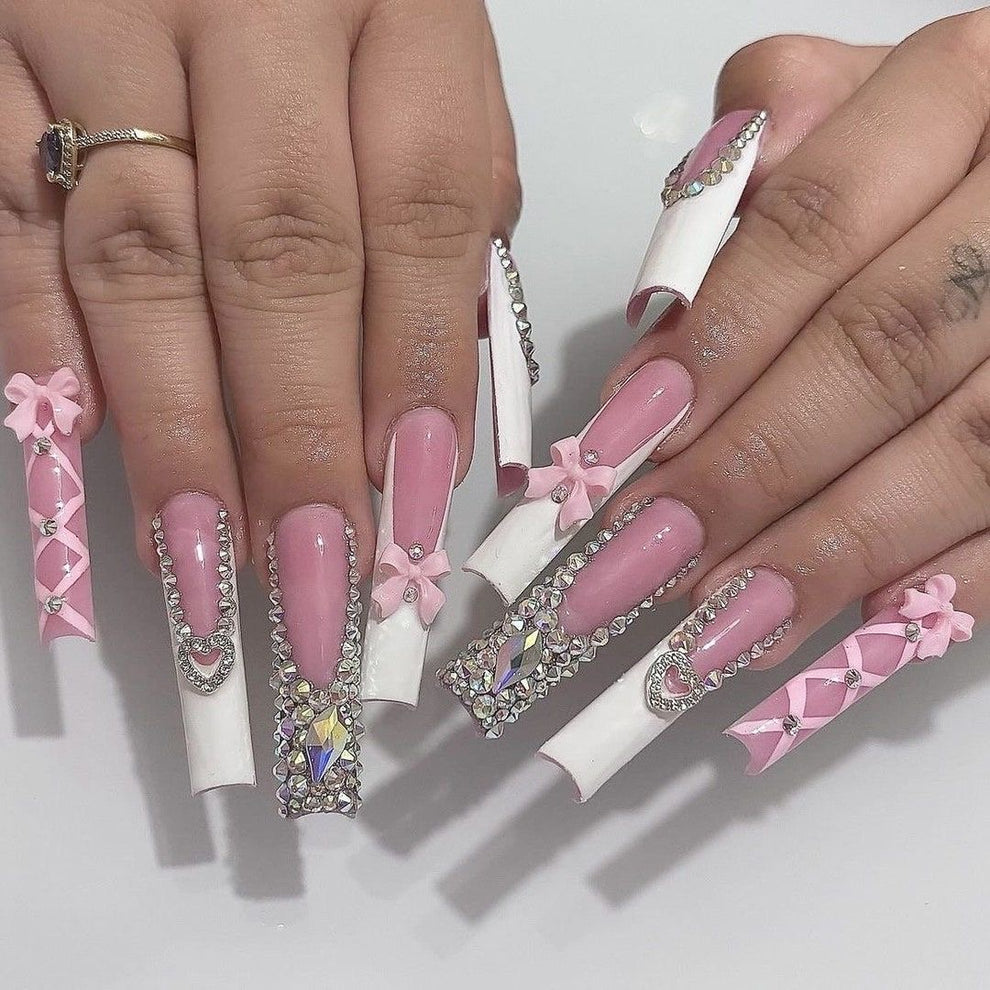 Acrylic Luxury Pink & White Blinged Out Pink Bow Press On Nails French ...