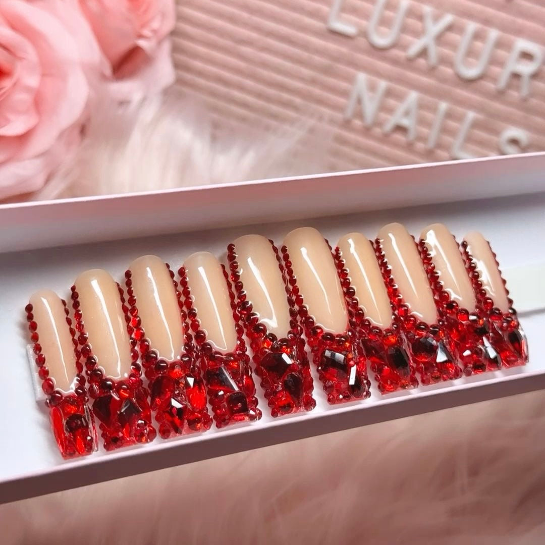 Acrylic Baddie y2k Red Diamond French Tips Blinged Out Luxury Press On ...