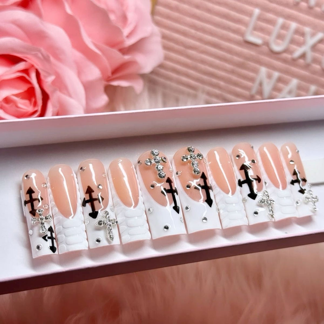 Press On Nails Y2K Black & White Cross French Tips Bling – Kat’s Luxury ...