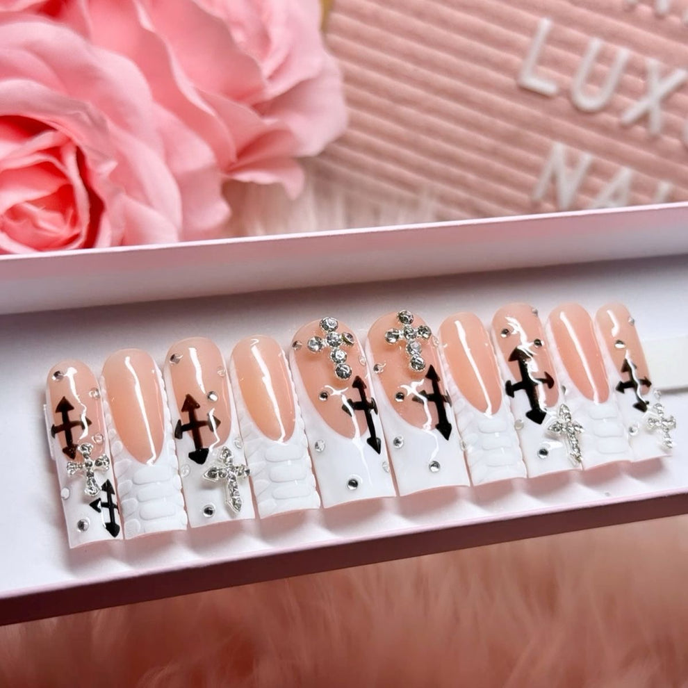 Y2K White Frenchies & Crosses Acrylic Baddie Press On Nails – Kat’s ...