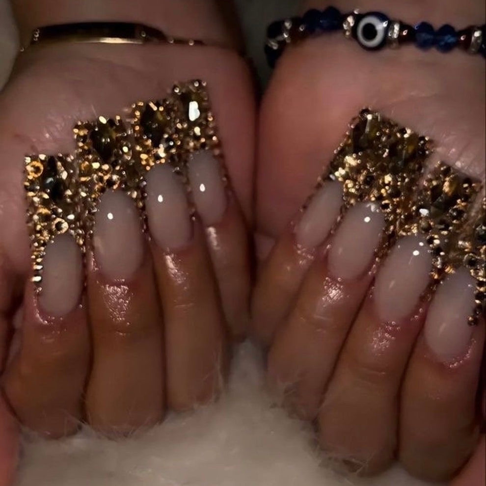 Cute French Tips Gold Bling Acrylic Press On Nails – Kat’s Luxury Nails